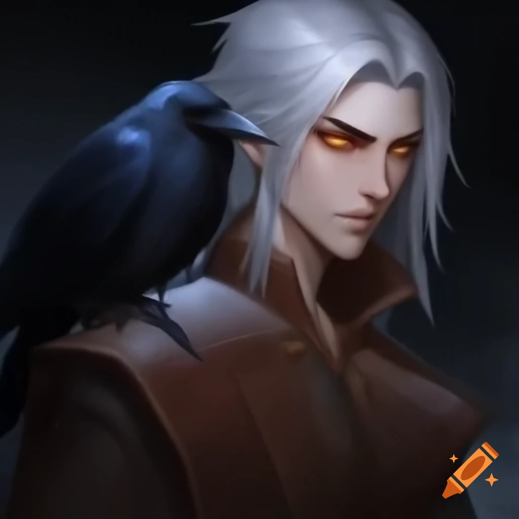 Character Lyra with silver hair and amber eyes, scar on cheek, raven on ...