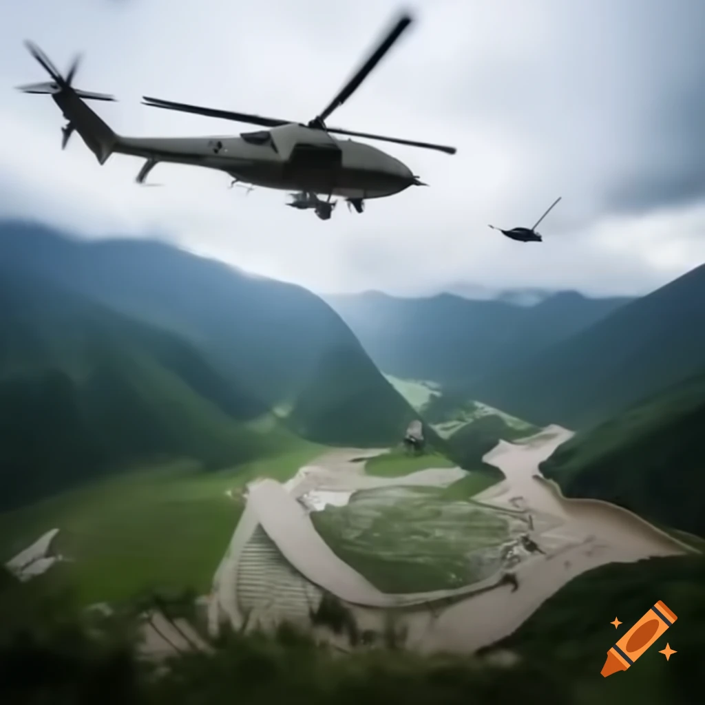 Bottom view of US army helicopters approaching over flooded rice ...