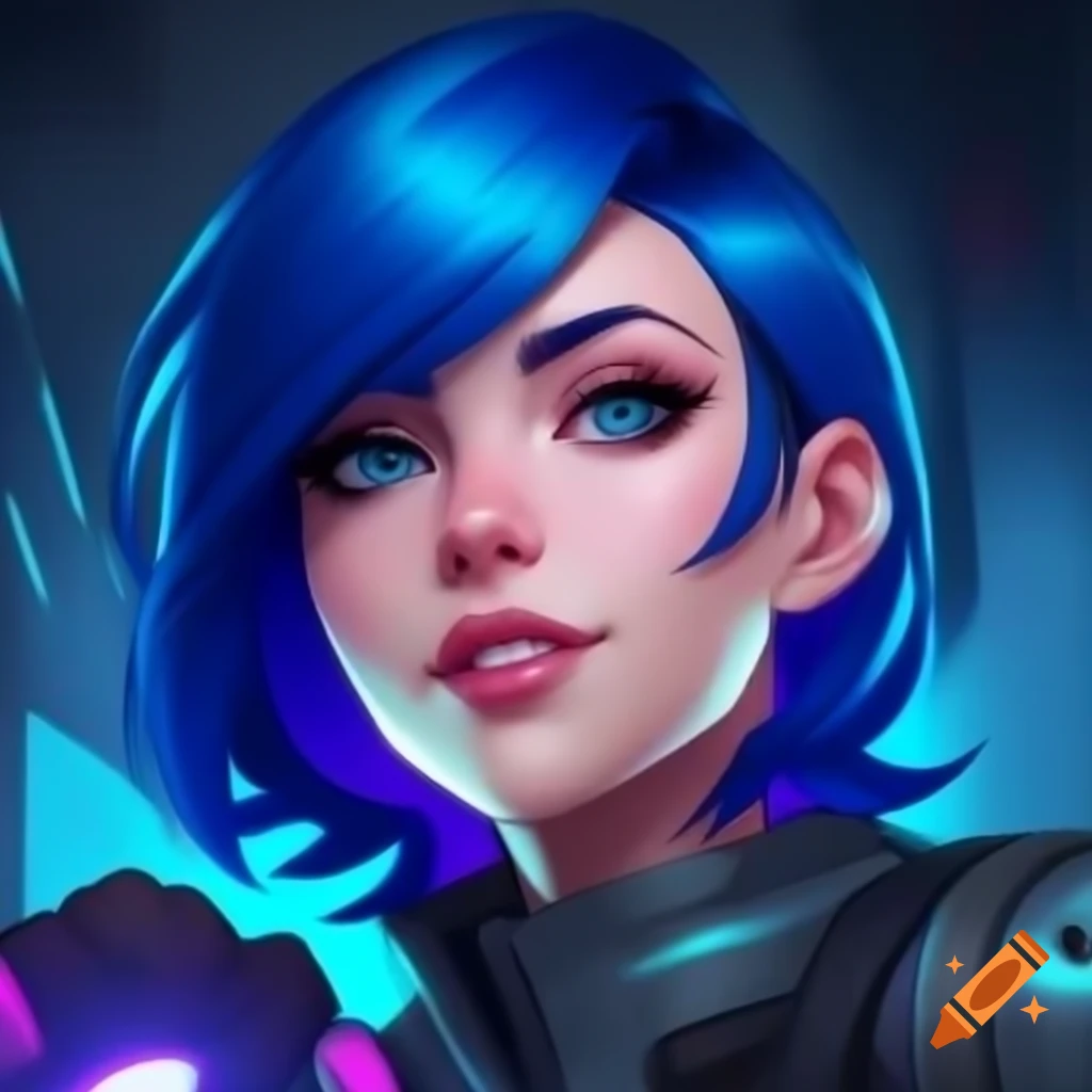 Headshot of female cyberpunk mechanic with blue hair on Craiyon