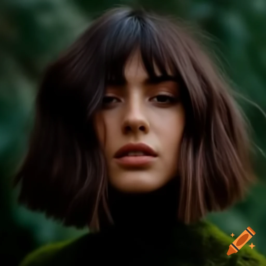 Woman with brown wavy bob surrounded by moss, looking at the camera on ...