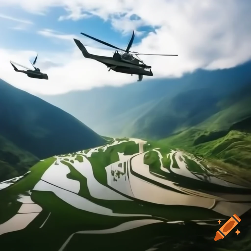 Low angle view of US army helicopters approaching over flooded rice ...
