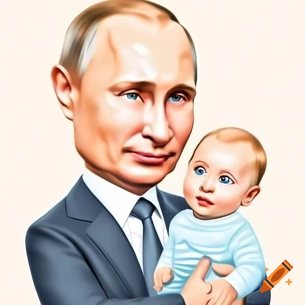 Caricature of Vladimir Putin holding a baby in pastel cartoon style on ...