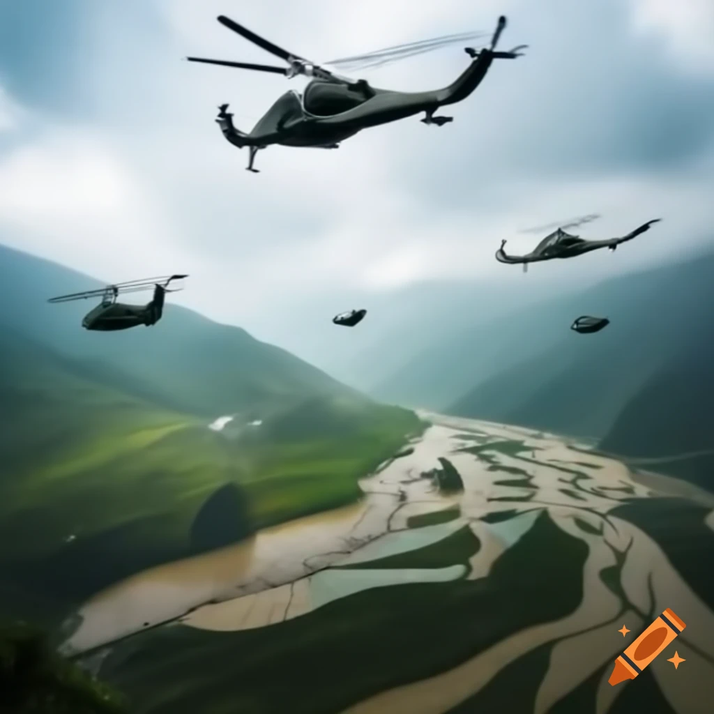Low angle view of US army helicopters approaching over flooded rice ...