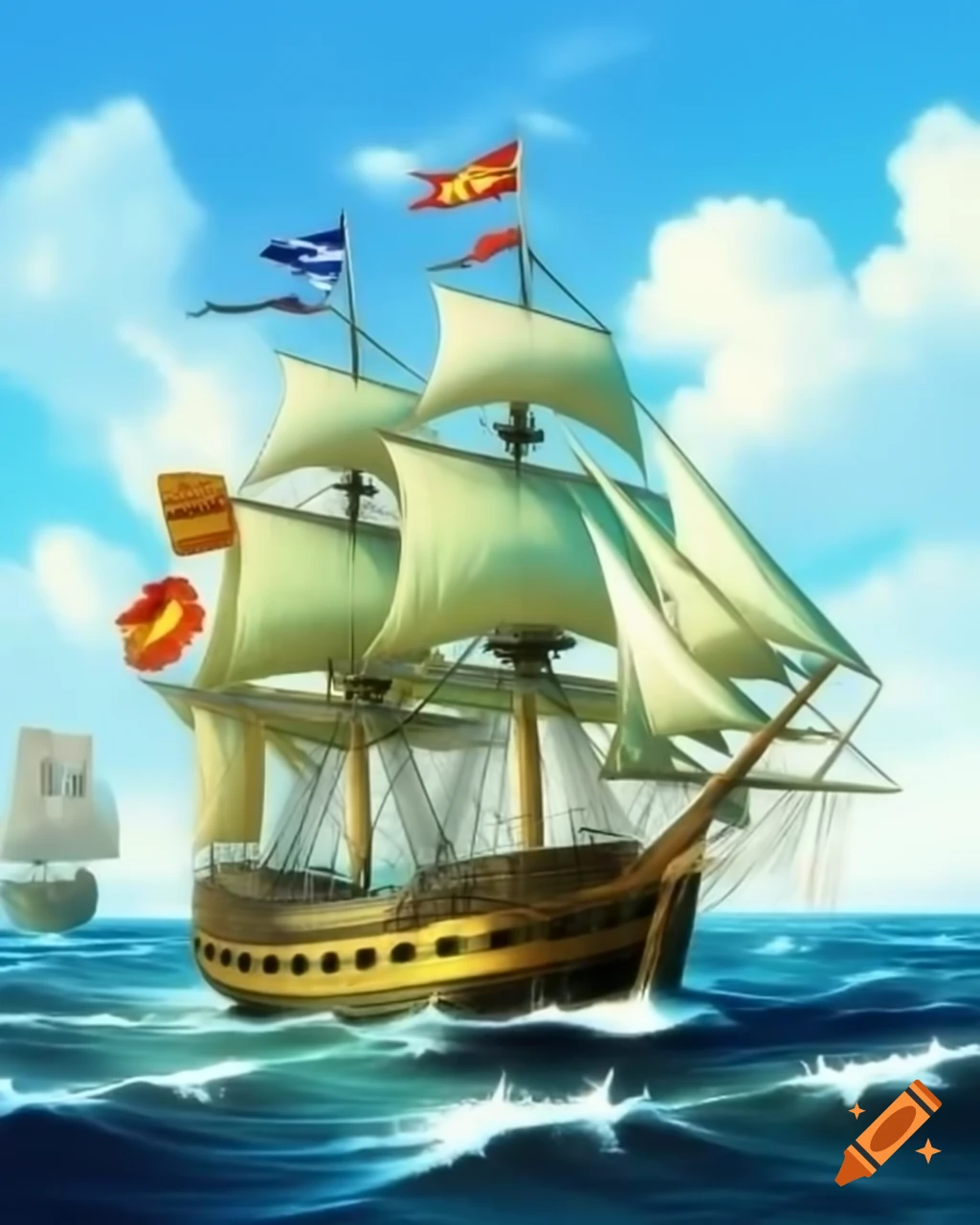 Sailing ship with colorful flags representing different countries on ...