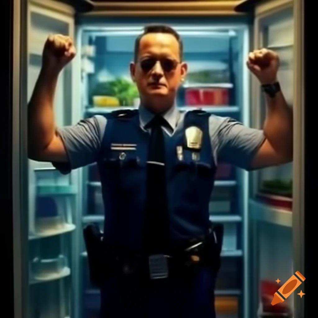 Muscle bound policeman in uniform raiding fridge while flexing on Craiyon