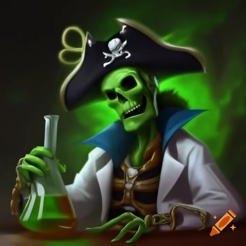 Green spectral pirate captain skeleton in lab coat with bubbling beaker ...