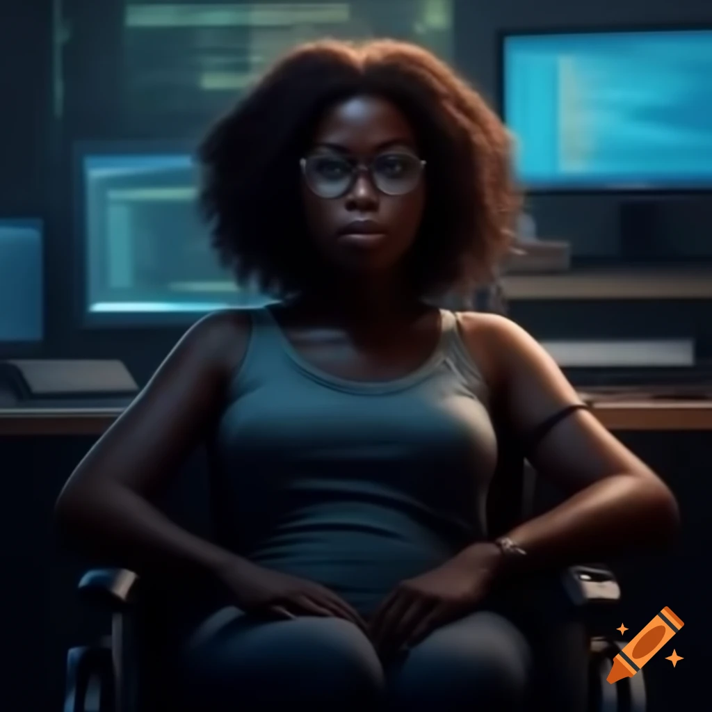 Portrait of a woman with glasses and frizzy hair in a wheelchair, surrounded by computers ...