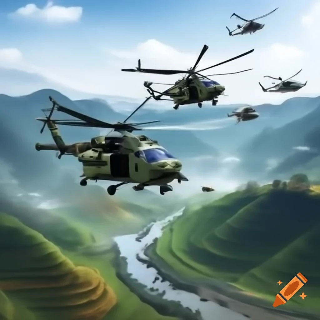US army helicopters flying over flooded rice terraces in Sapa with ...