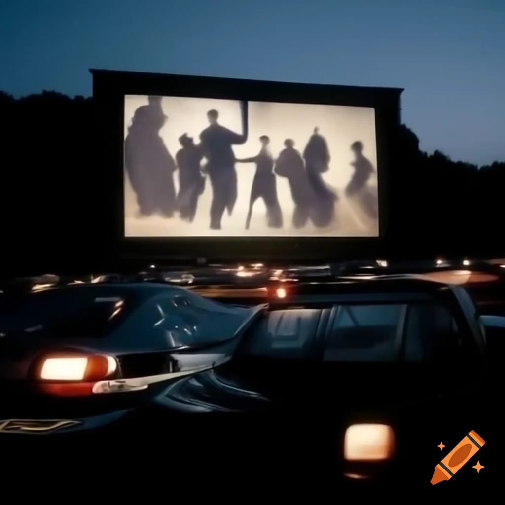 Vintage drive-in movie theater at dusk with classic cars and ...