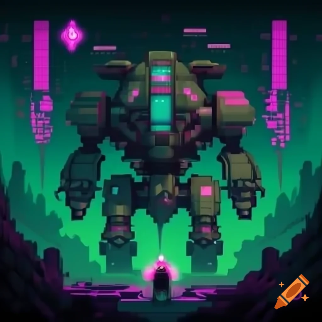 Epic pixel art battle featuring mech with neon armor and alien creature ...