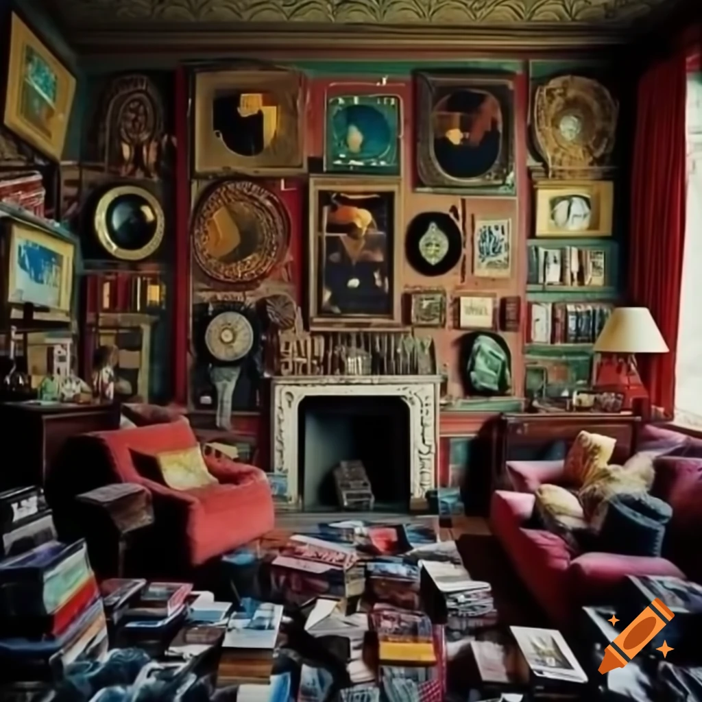 Cluttered living room filled with hoarder's colorful treasures on Craiyon