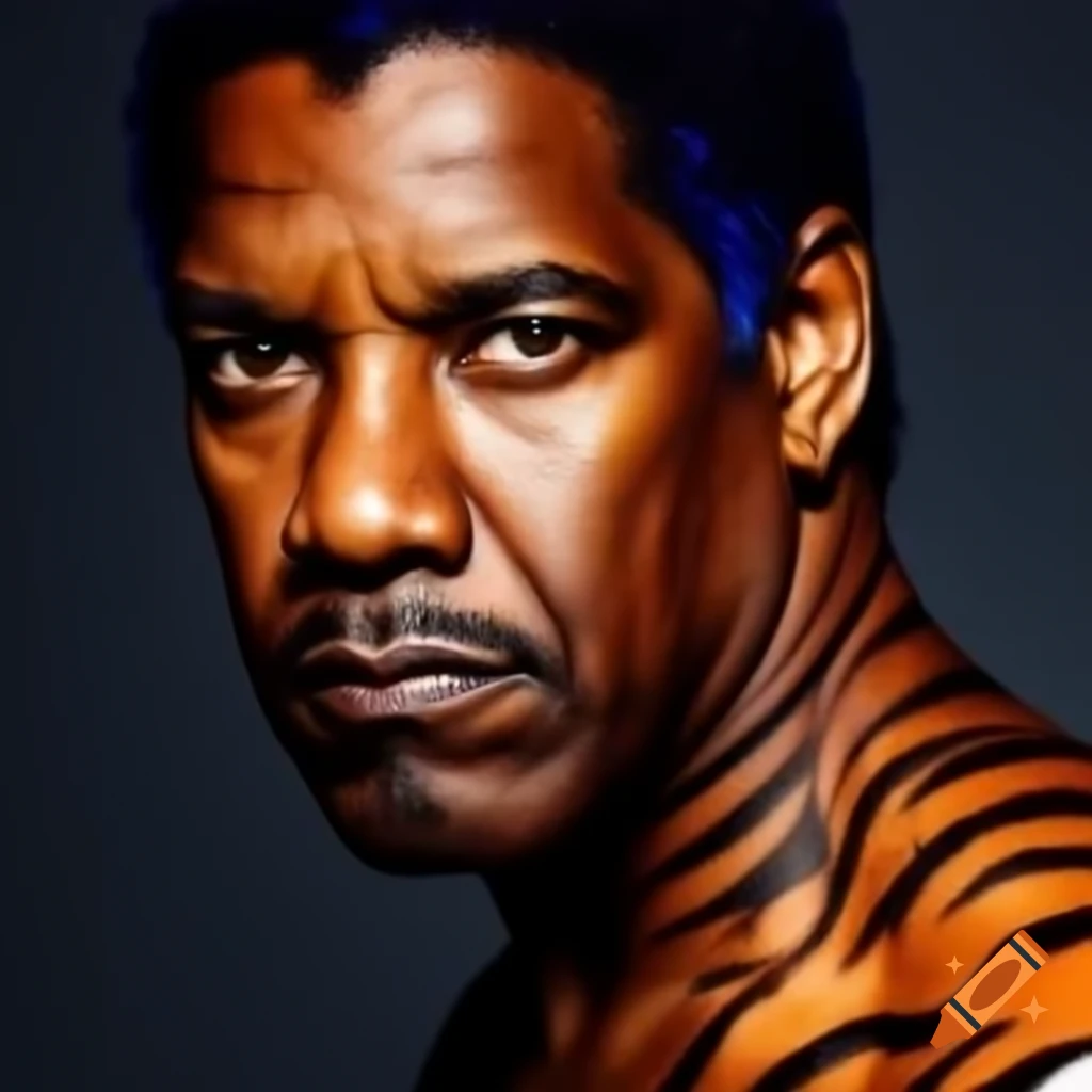 Muscular man with tiger-style makeup featuring blue hair and orange ...
