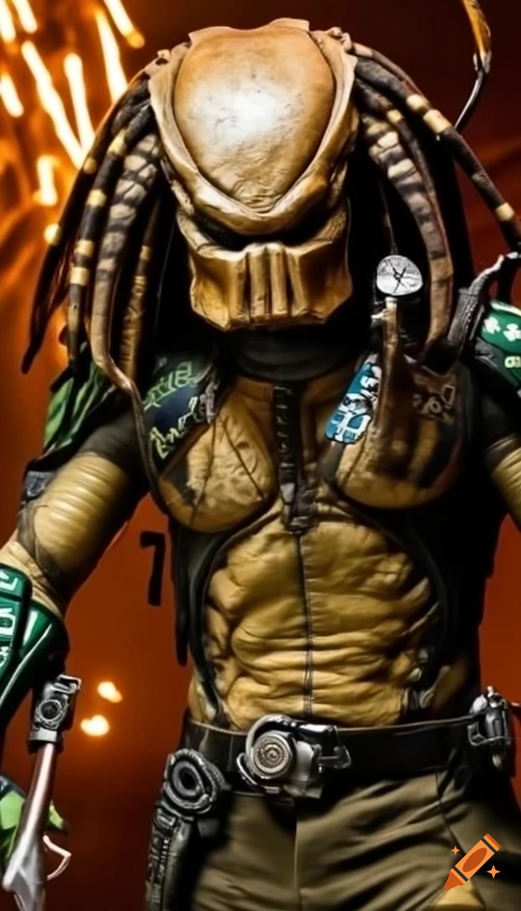 Predator character in floral shirt and shorts enjoying New Year's Eve ...