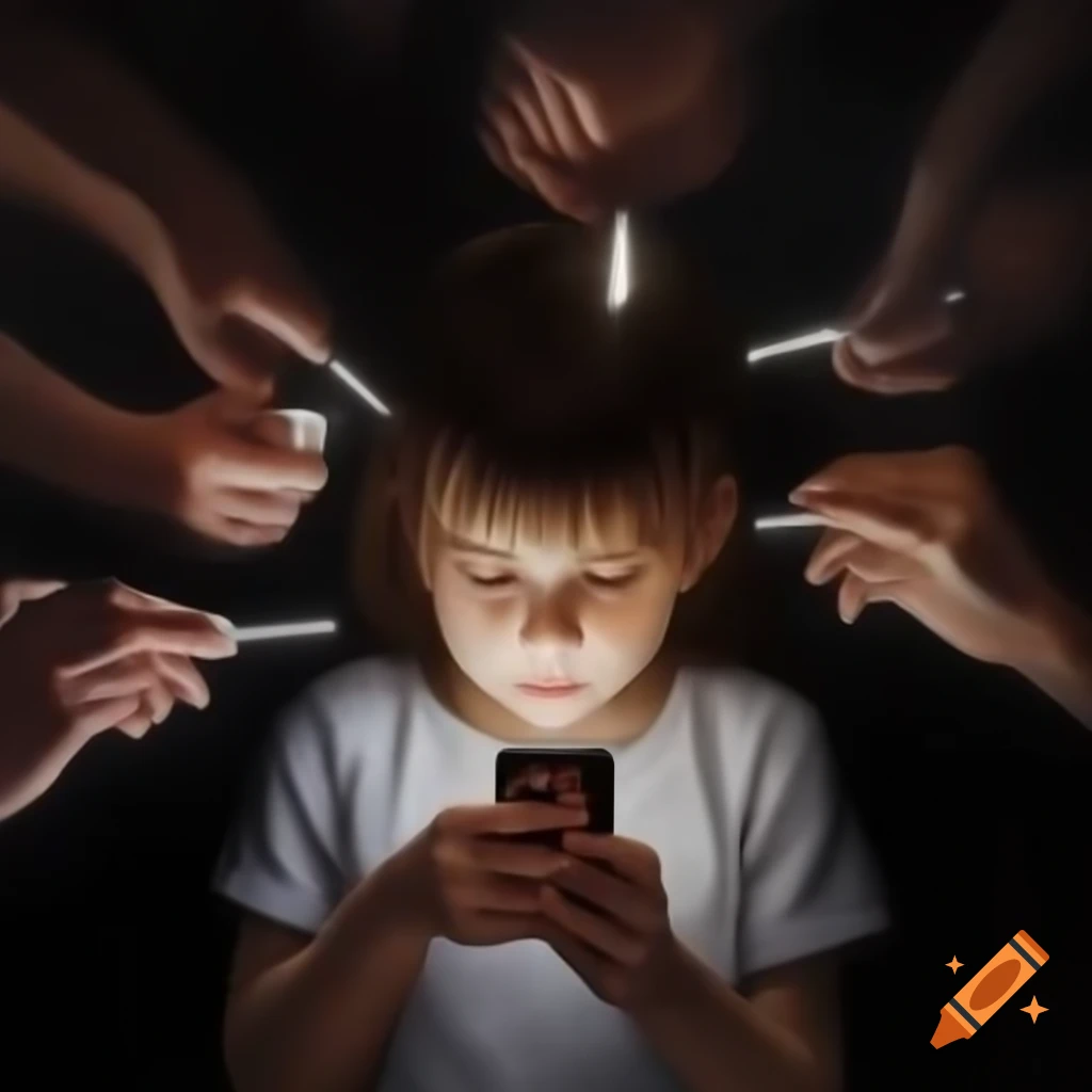 Photorealistic illustration depicting child with smartphone ...