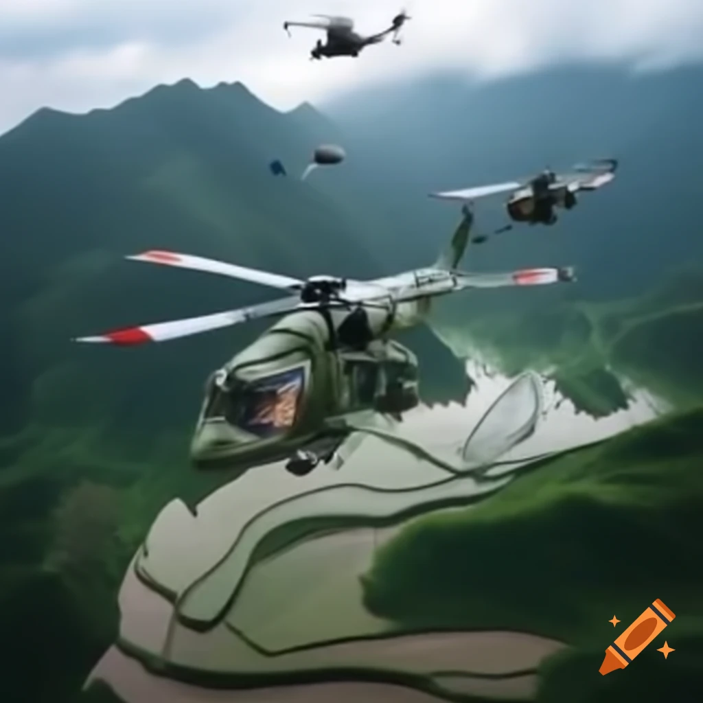 US army helicopters flying over flooded rice terraces in Sapa with ...