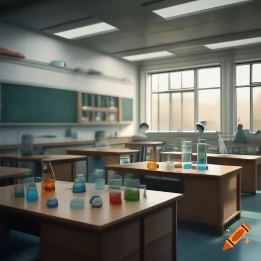 Modern school laboratory with lab tables, beakers, and microscopes ...