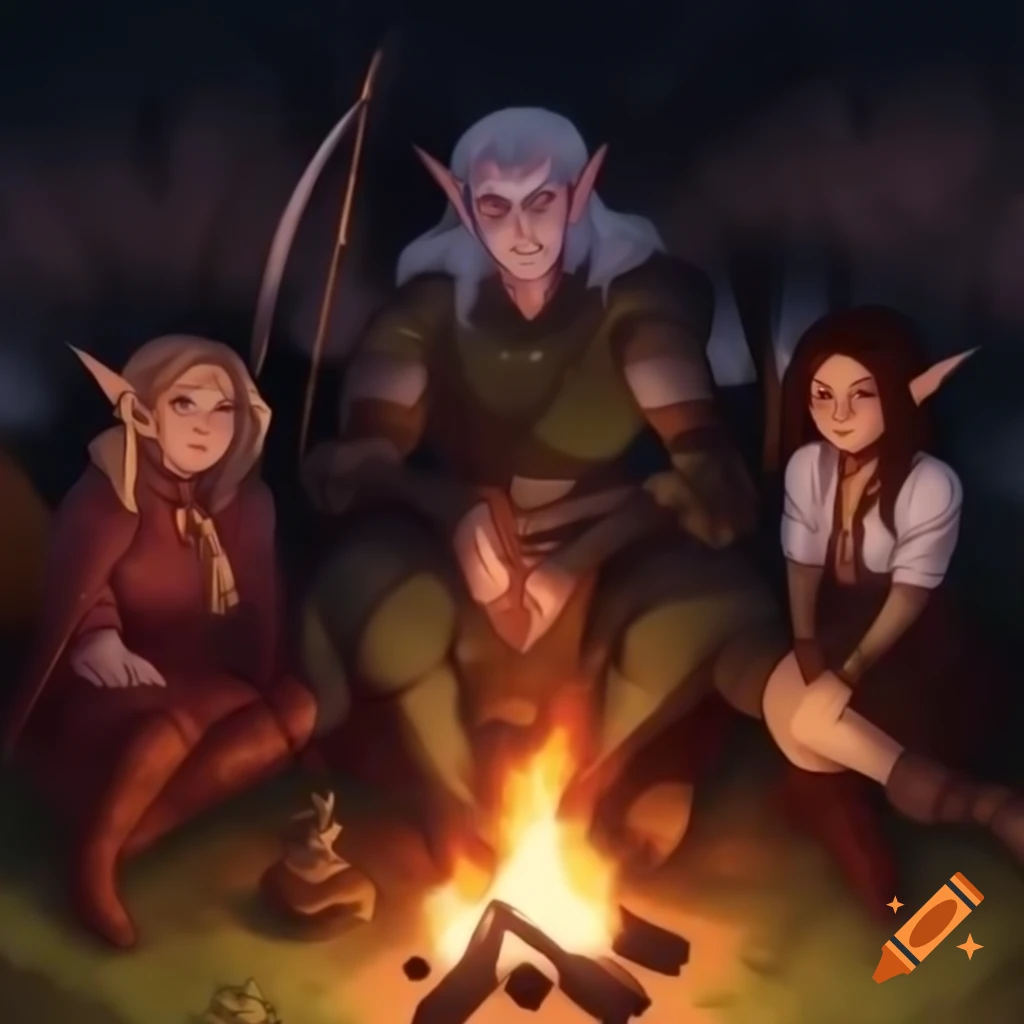 Anime style group of fantasy characters around campfire: elf swordsman ...