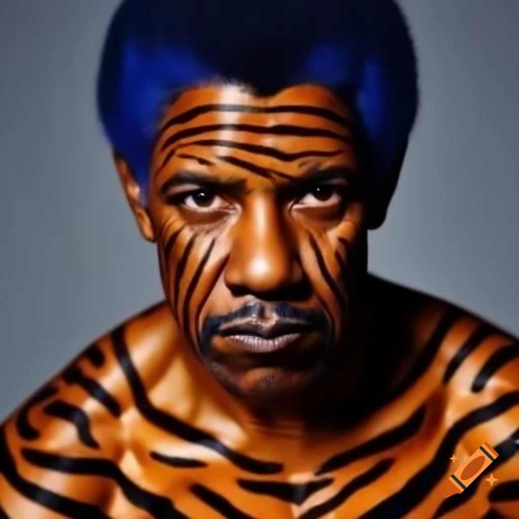 Muscular man with tiger-style makeup featuring blue hair and orange ...