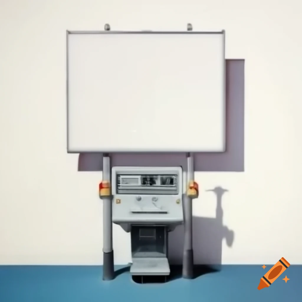 Cartoon-style machine with scale against white wall and blank ...
