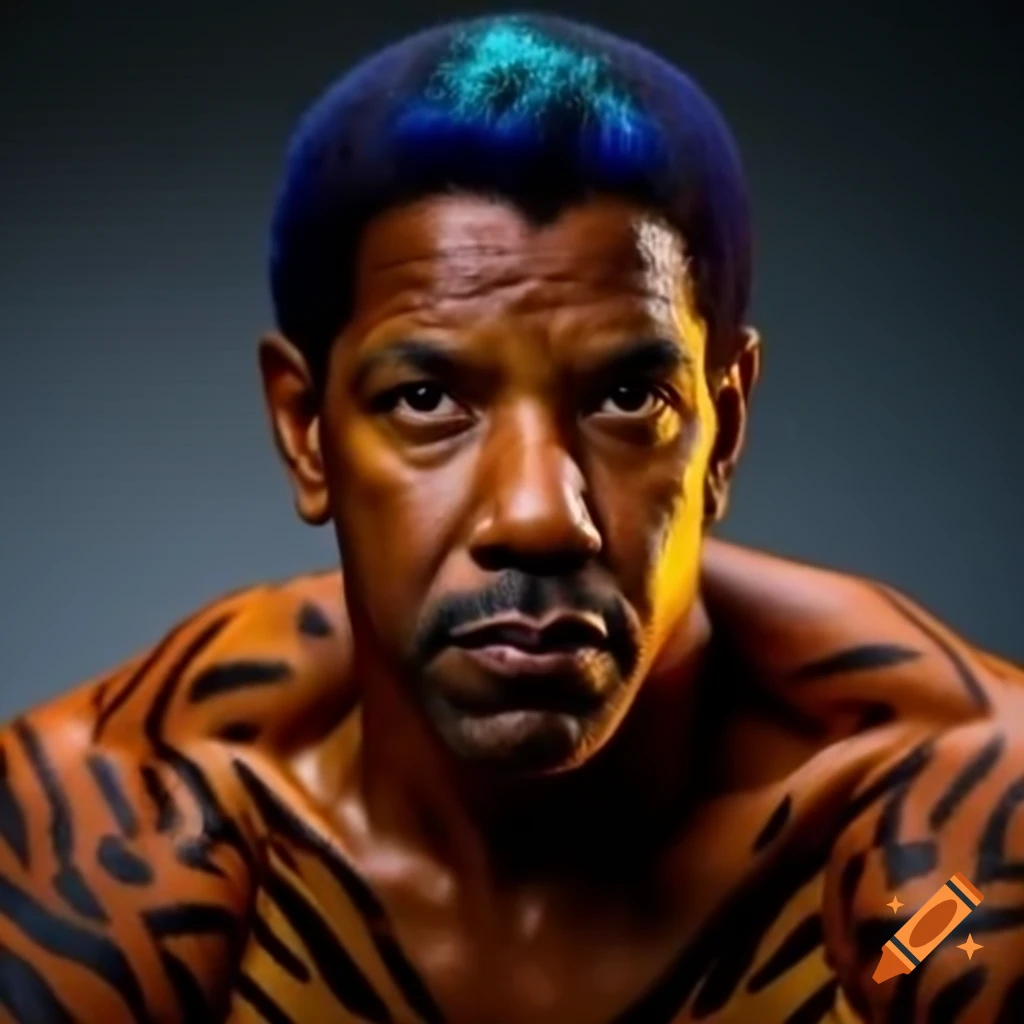 Muscular man with tiger-style makeup featuring blue hair and orange ...