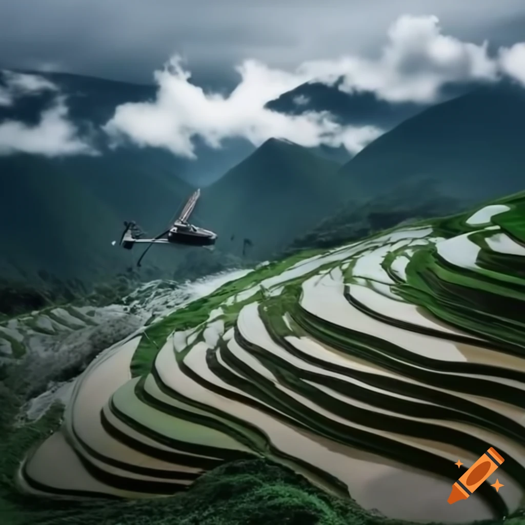 Low angle view of US army helicopters approaching over flooded rice ...