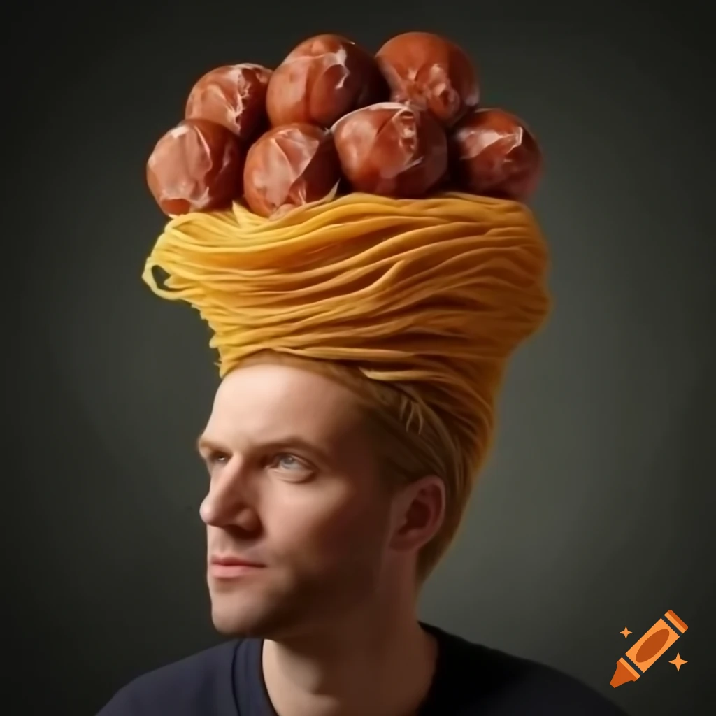 Man wearing spaghetti and meatballs on his head, humorous scene on Craiyon