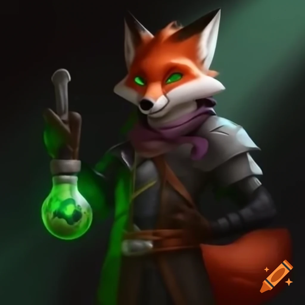Fox dressed as rogue holding dagger and alchemy vial on Craiyon