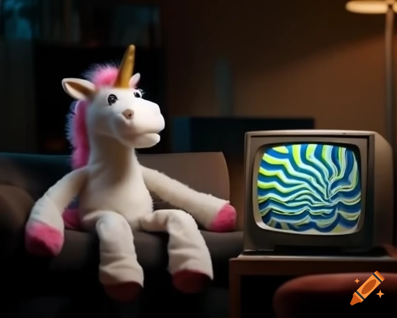 Fluffy unicorn puppet on sofa watching TV with hypnotic spiral on Craiyon