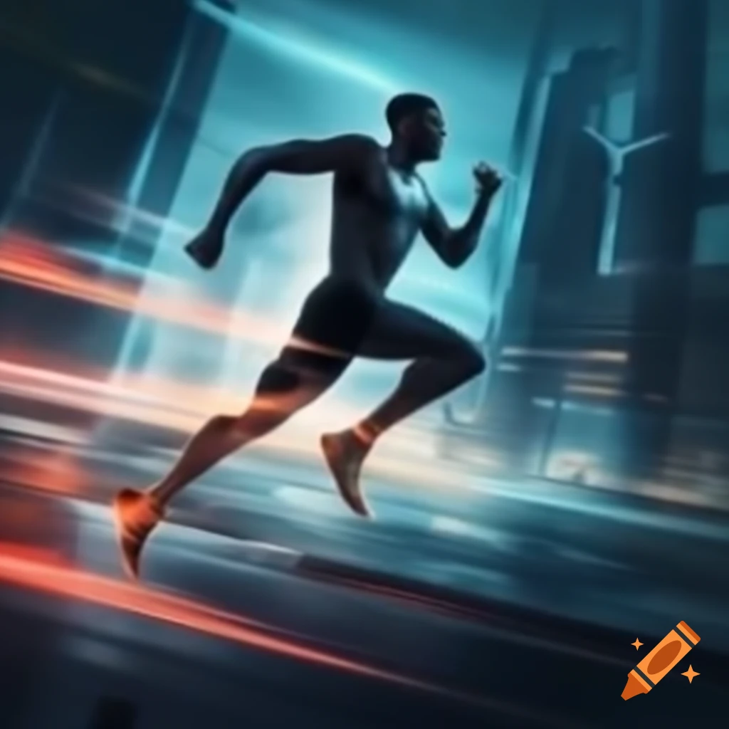 Futuristic runner sprinting in dynamic cityscape with vibrant colors on ...