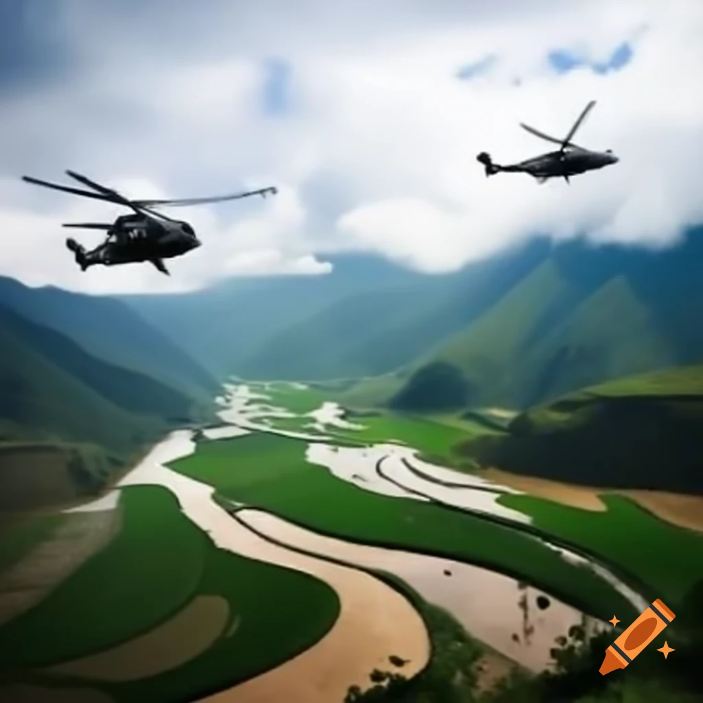 Low angle view of US army helicopters approaching over flooded rice ...