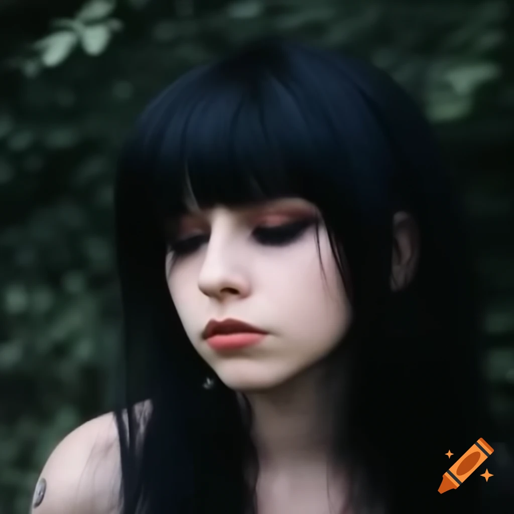 Emo girl with piercings in woods, side profile, 2000s emo clothing on ...