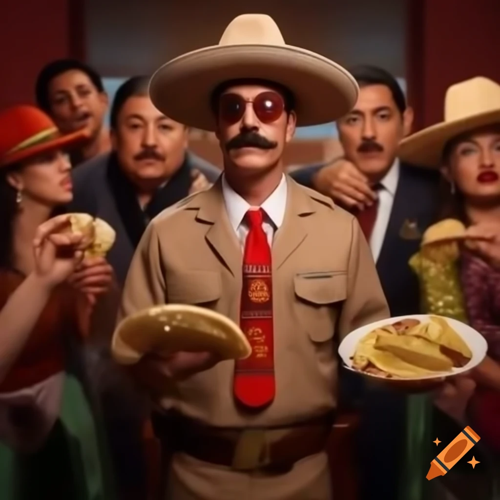 Detective in costume with people holding tacos in background on Craiyon