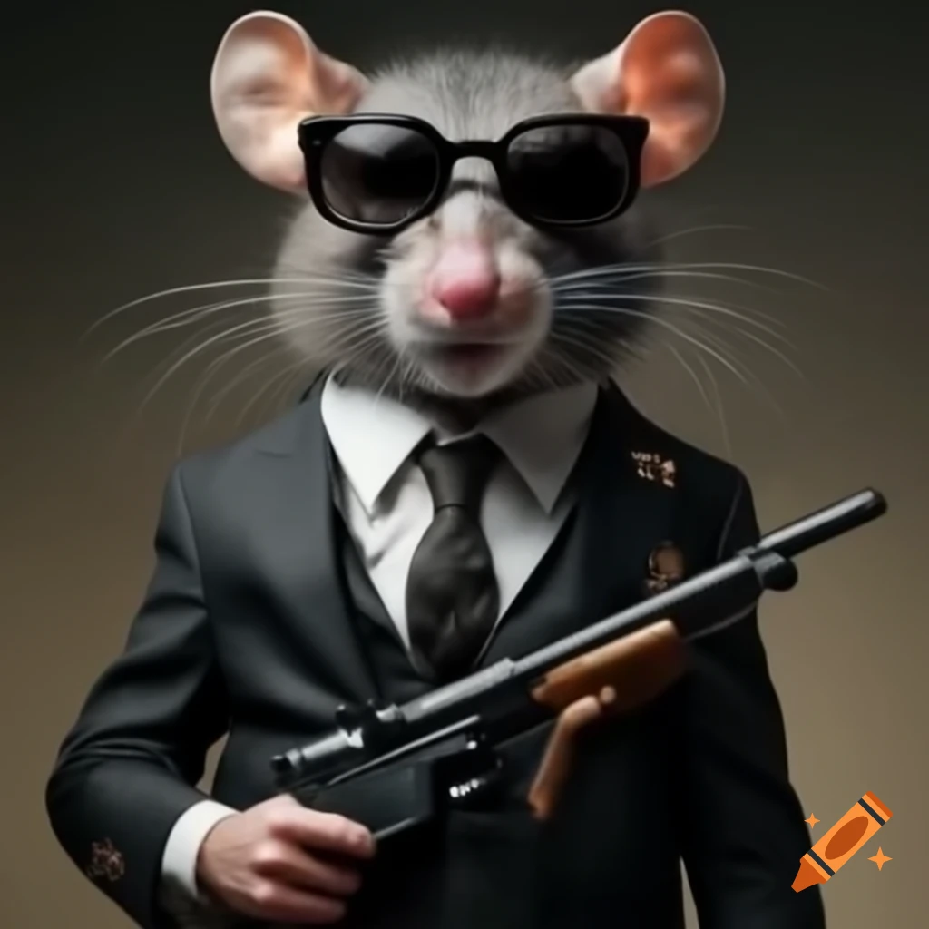 Secret agent rat in black and white suit with sunglasses and gun on Craiyon