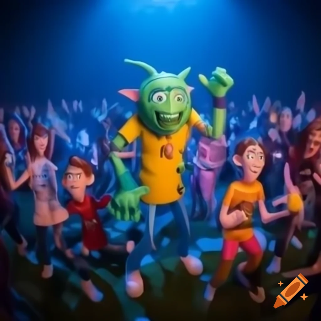 Animated fantasy creature figurines at vibrant rave surrounded by ...