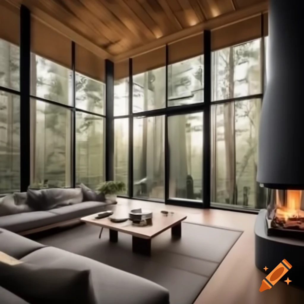 Open-plan living room with floor-to-ceiling windows and modern ...