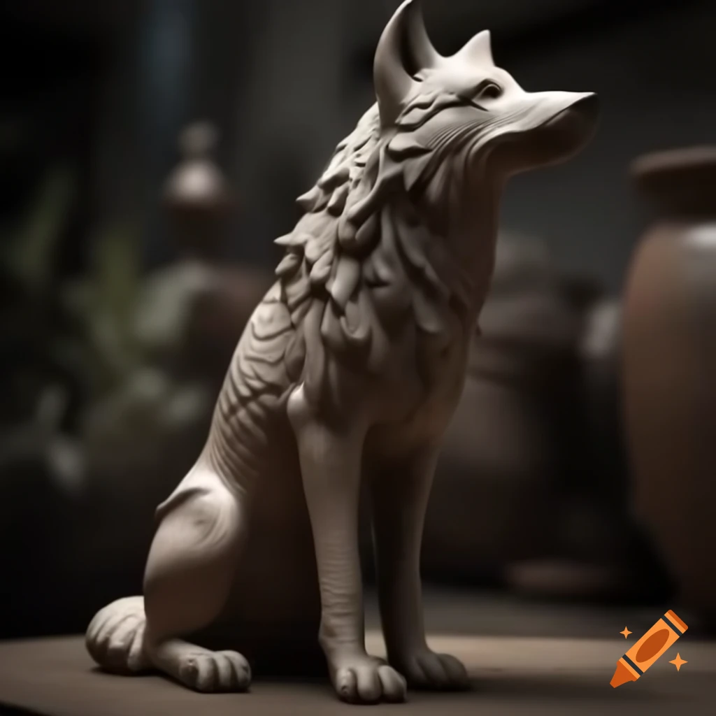 Ornate clay sculpture of a wolf with subtle lighting on Craiyon