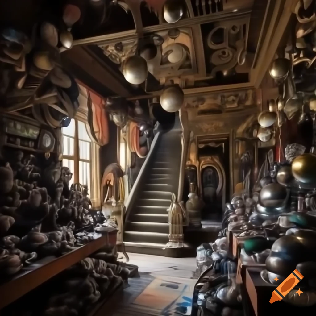 Ornate mansion filled with colorful treasures and metallic items on Craiyon