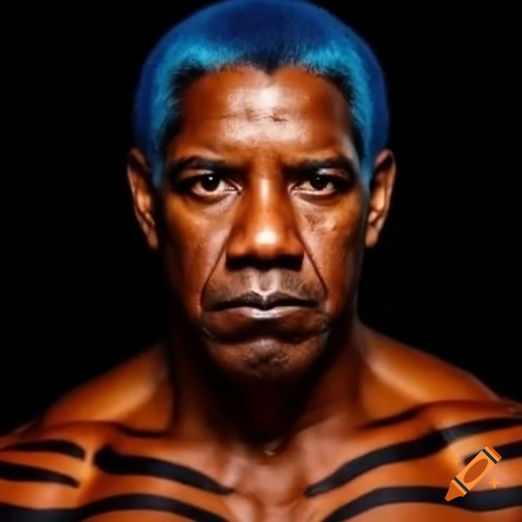Muscular person with tiger-style makeup featuring blue hair and orange ...