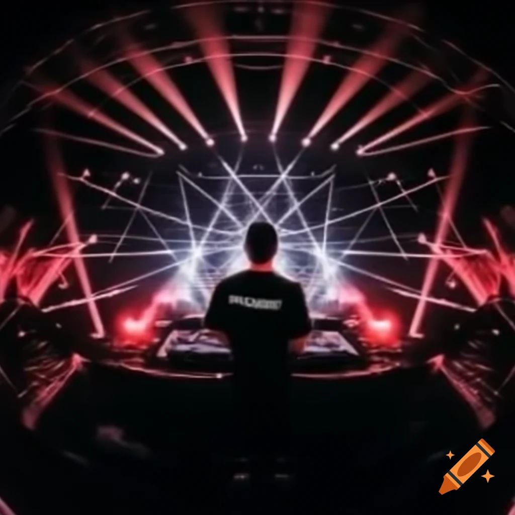 Dark figure DJ on stage with red and white lights and lasers on Craiyon