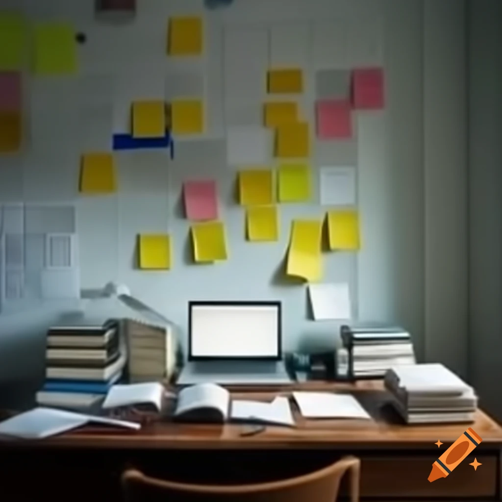 Aesthetic study table with books, pen holder, laptop, and sticky notes ...