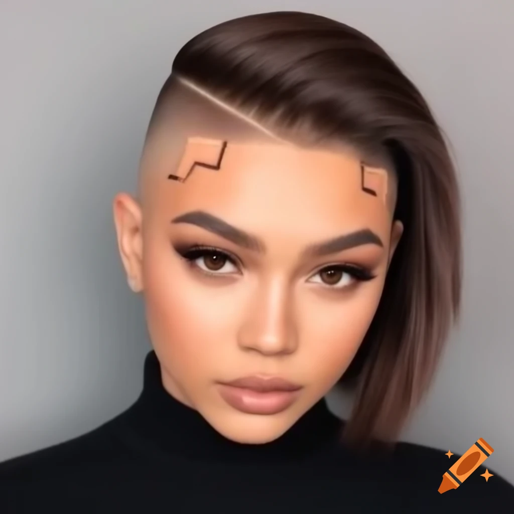 Young woman with thick dark brown hair and extreme shaved undercut bob ...