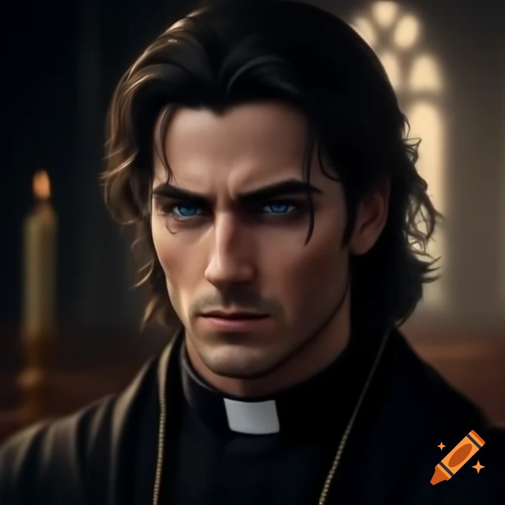 Priest with tousled dark hair and piercing blue eyes, conveying ...