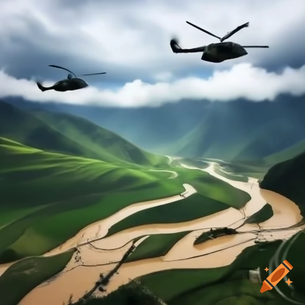 Low angle view of US army helicopters approaching over flooded rice ...