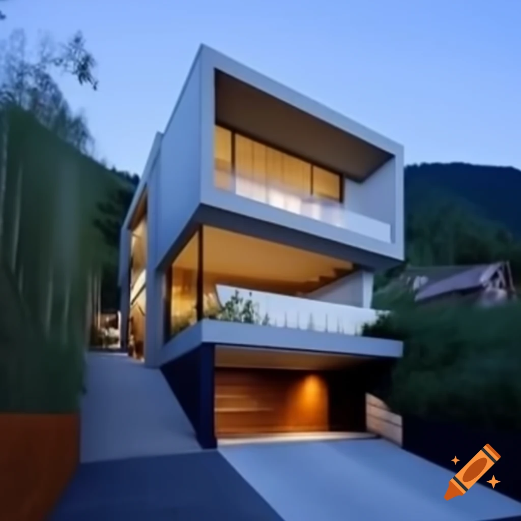 Modern multi-story house with sleek design, glass windows, and green ...