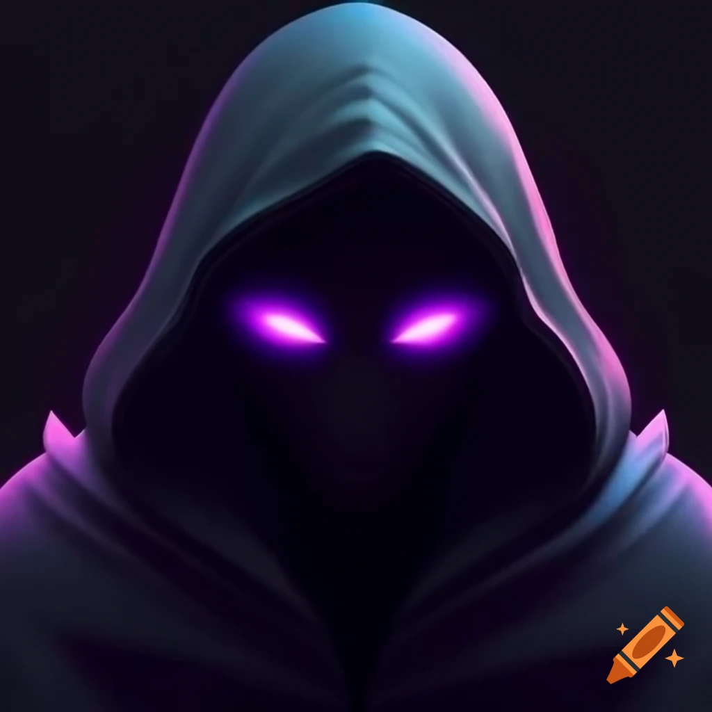 Mysterious cloaked figure with glowing purple eyes on Craiyon