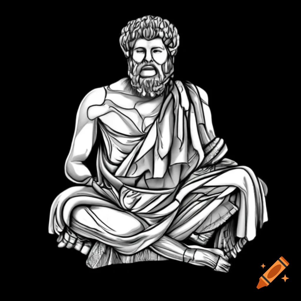 Black and white ink drawing of Greek philosopher meditating in mandala ...