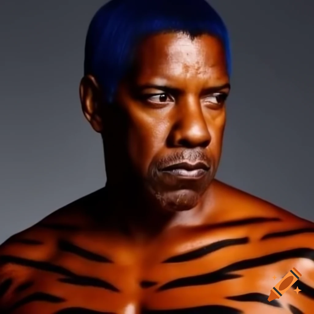 Denzel Washington with tiger-style makeup featuring blue hair and ...