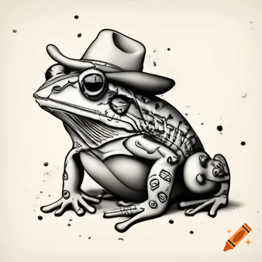 Realistic cowboy frog riding a bull in black and white on Craiyon