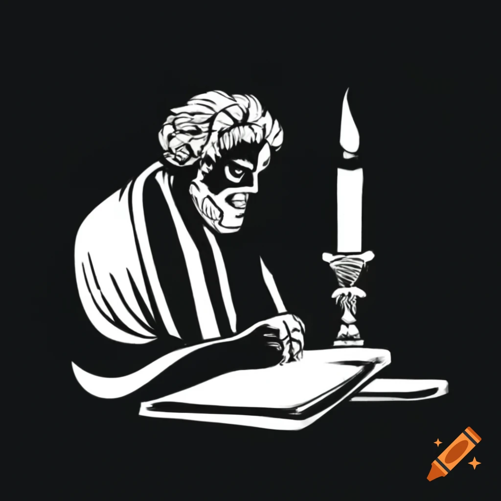 Black and white ink drawing of Greek philosopher writing by candle ...