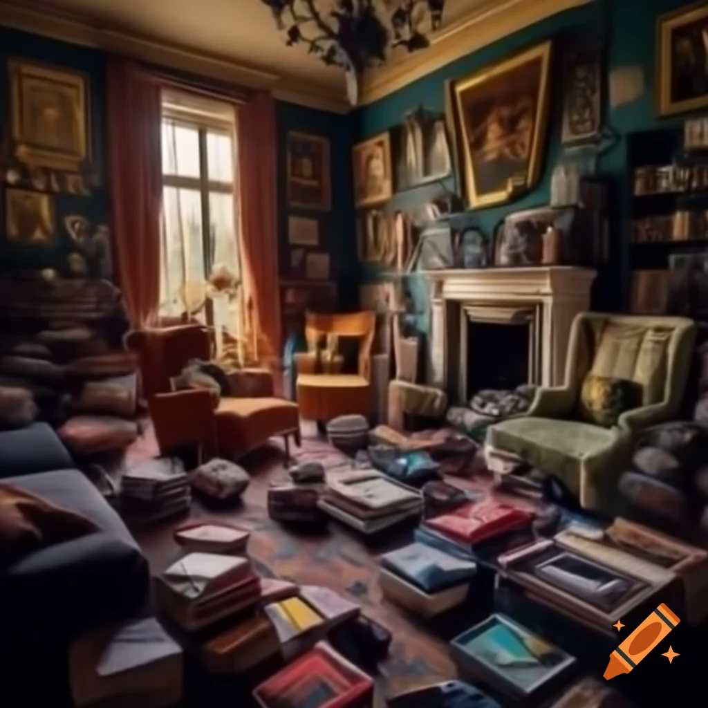 Cluttered living room filled with hoarder's colorful treasures on Craiyon